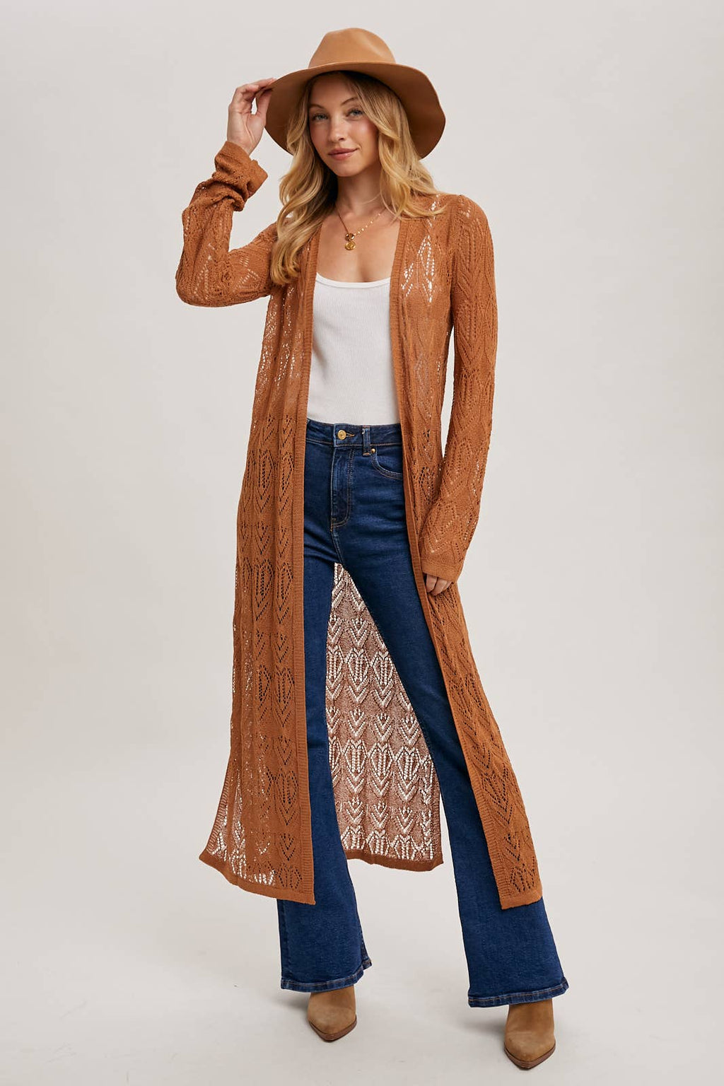 Mocha Pointelle Knit Duster – Rustic Roots 605